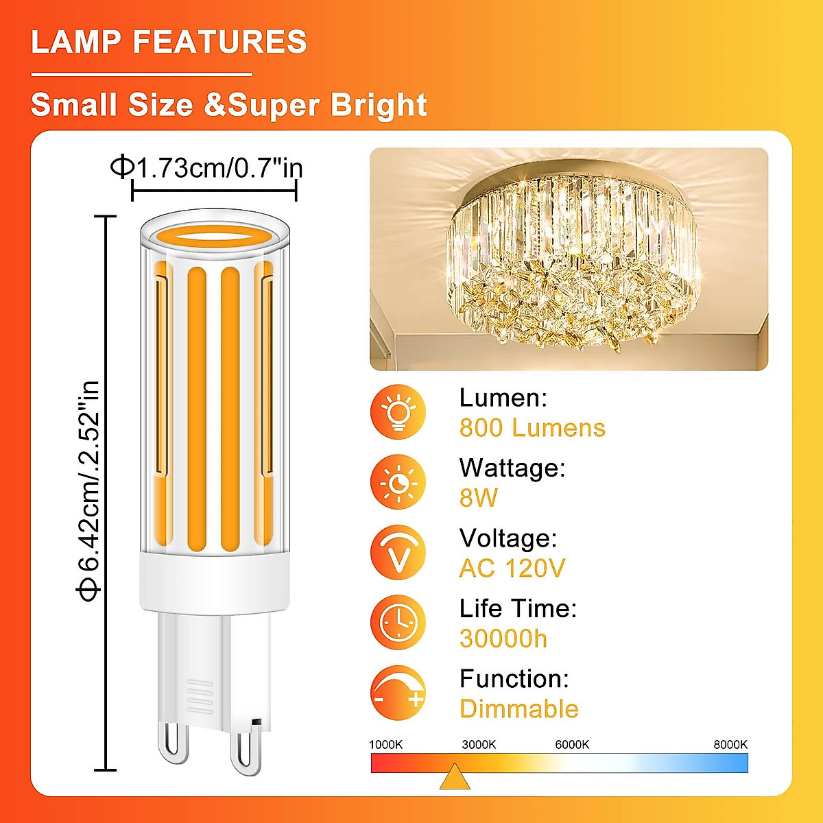 Megereet G9 LED Bulb Dimmable,75W 80W Halogen Equivalent, Warm White 2700K 8W 800LM T4 COB G9 Base LED Bulb Bi Pin Base Chandelier Lighting, No-Flicker 360°Beam Angle 120v Pack of 5