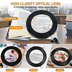 Magnifying Glass with Light and Stand, EOOKU 2-in-1 Magnifying Lamp & Clamp, 5X & 10X Magnifier 3 Color Modes Stepless Dimmable, Adjustable Swing Arm for Repair Crafts Soldering