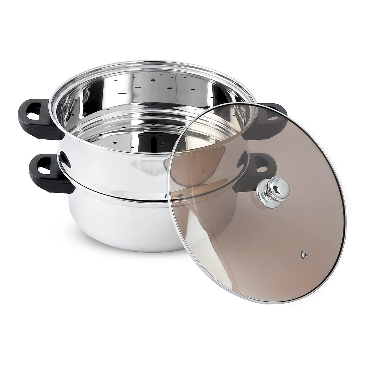 KSJONE Heavy Duty Stainless Steel 3 Piece Steamer Pot Set Includes 4 Quart Cooking Pot, 4 Quart Steamer Insert and Vented Glass Lid, Stack and Steam Pot Set for All Cooking Surfaces