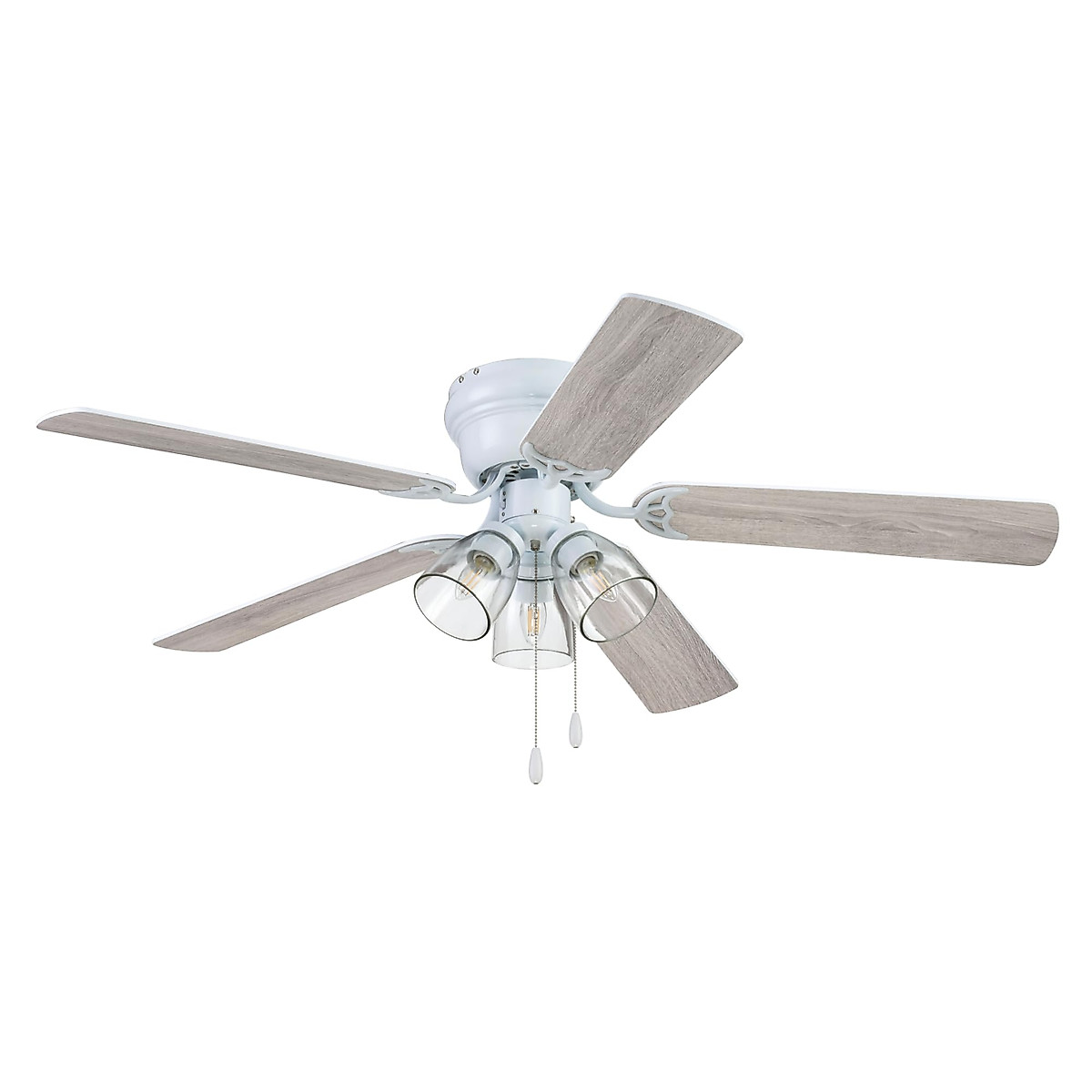 Portage Bay Ceiling 52" Renton White Indoor Fan with Clear 3 Light LED Multi Arm E26/B11 Bulb and Pull-Chains, Traditional Style, 5 Reversible Gray Oak Blades, 51441, 52 Inch