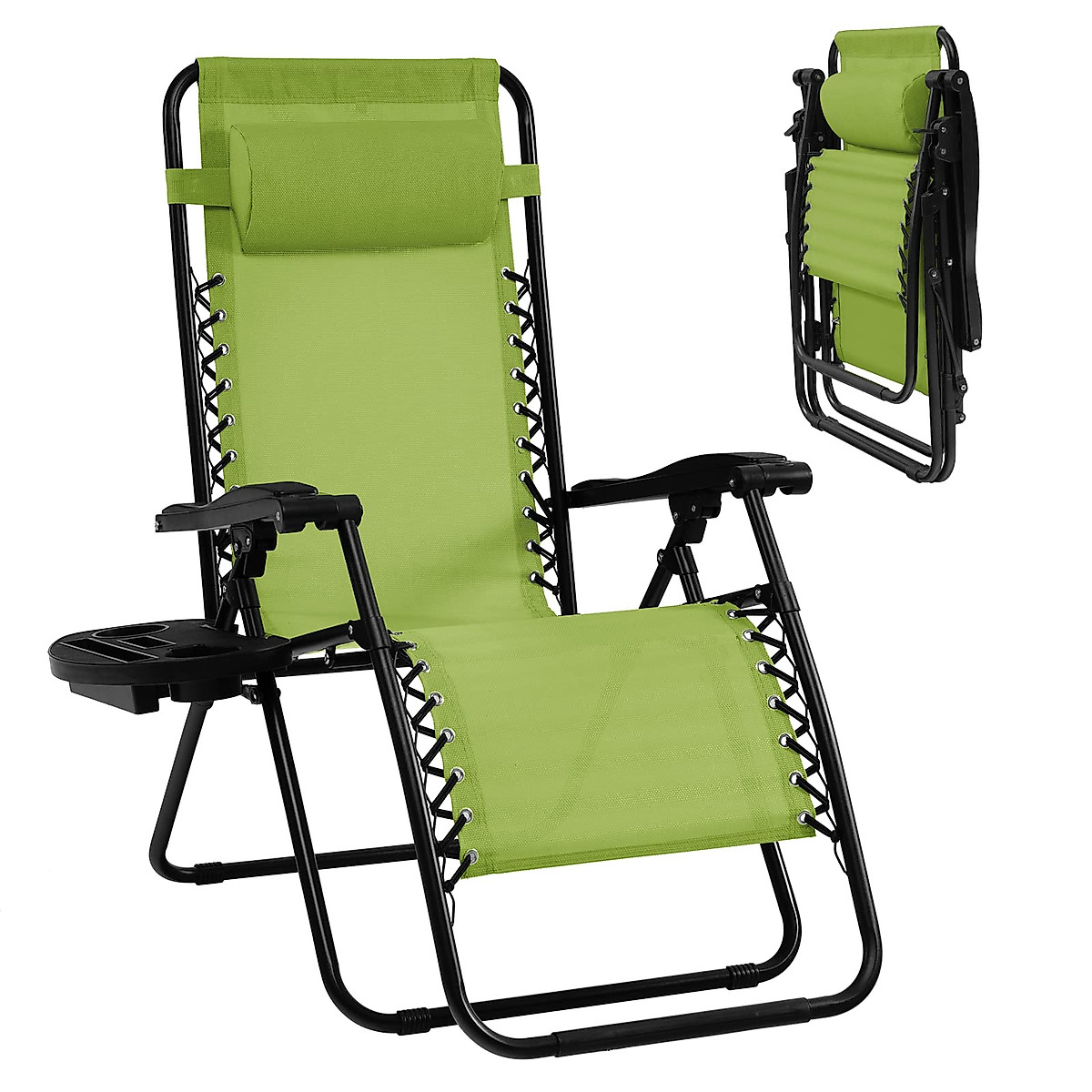 Goplus Zero Gravity Lounge Chairs, 160°Adjustable Folding Recliner w/Pillow and Cup Holder, 350LBS Comfy Outdoor Lounge Chairs for Patio, Lawn, Yard & Camp(1, Green)
