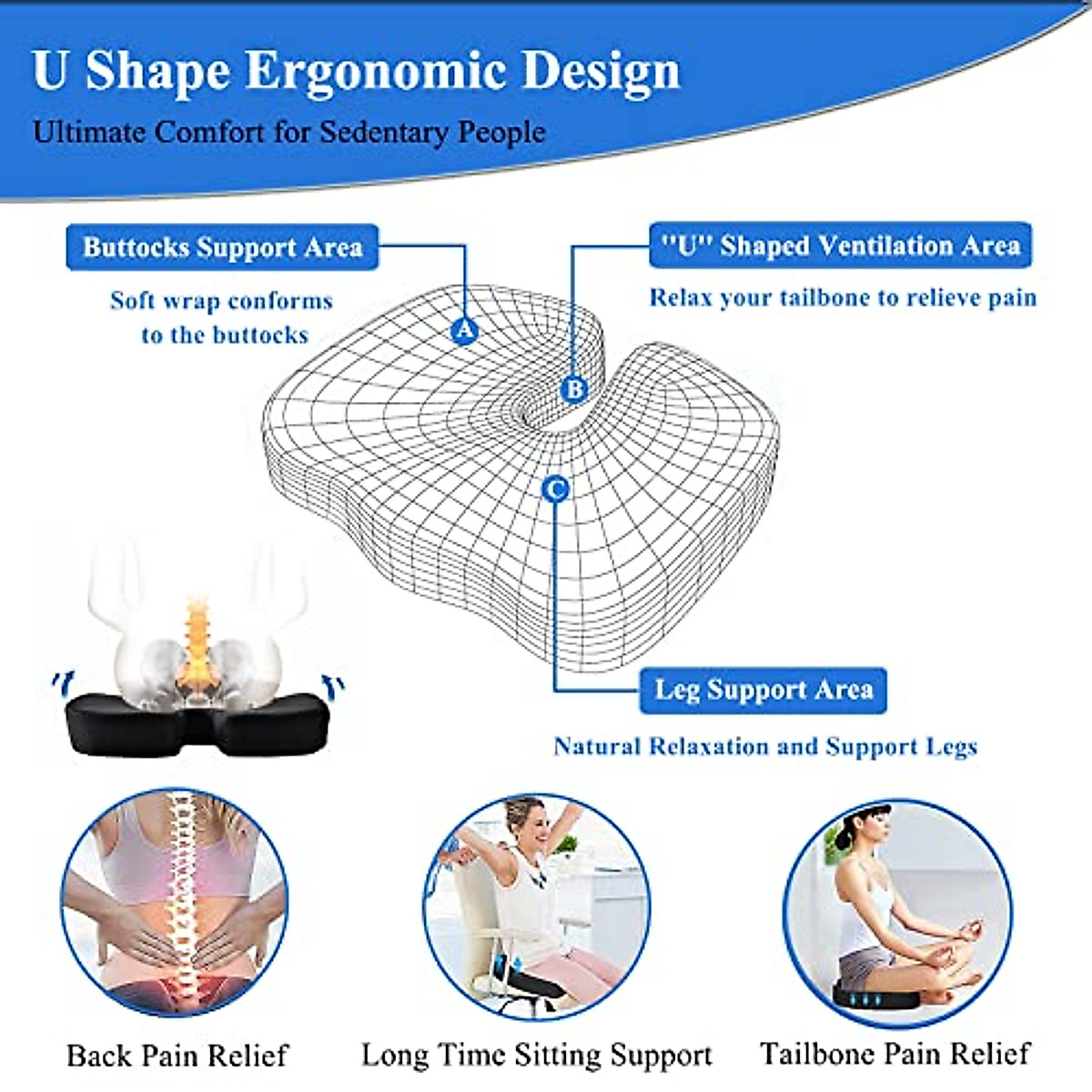 Memory Foam Seat Cushion for long sitting, Non-Slip Ergonomic Chair Cushion for Back/Sciatica/Coccyx/Tailbone Pain Relief, Comfortable Pillow Pad with Mesh Cover for Office Chair, Car Seat, desk chair