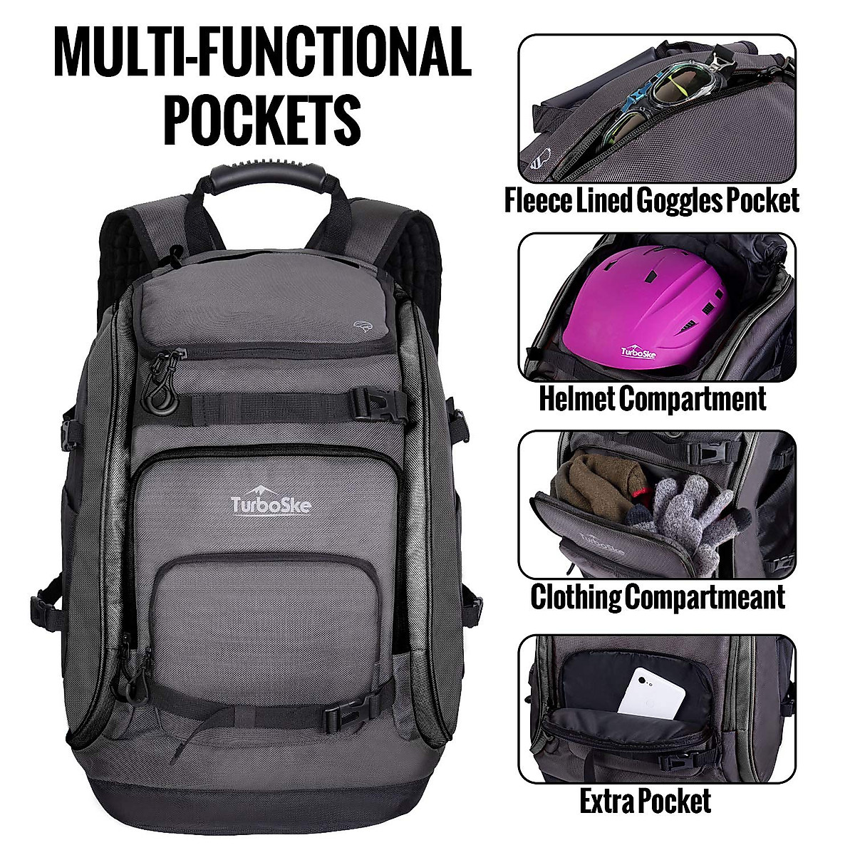 TurboSke Ski Boot Bag Backpack - 65L Waterproof Skiing Snowboarding Travel Luggage Backpack - Stores Boots Skis Snowboard Helmet Goggles Jackets Gloves & Other Accessories for Men & Women (Black)