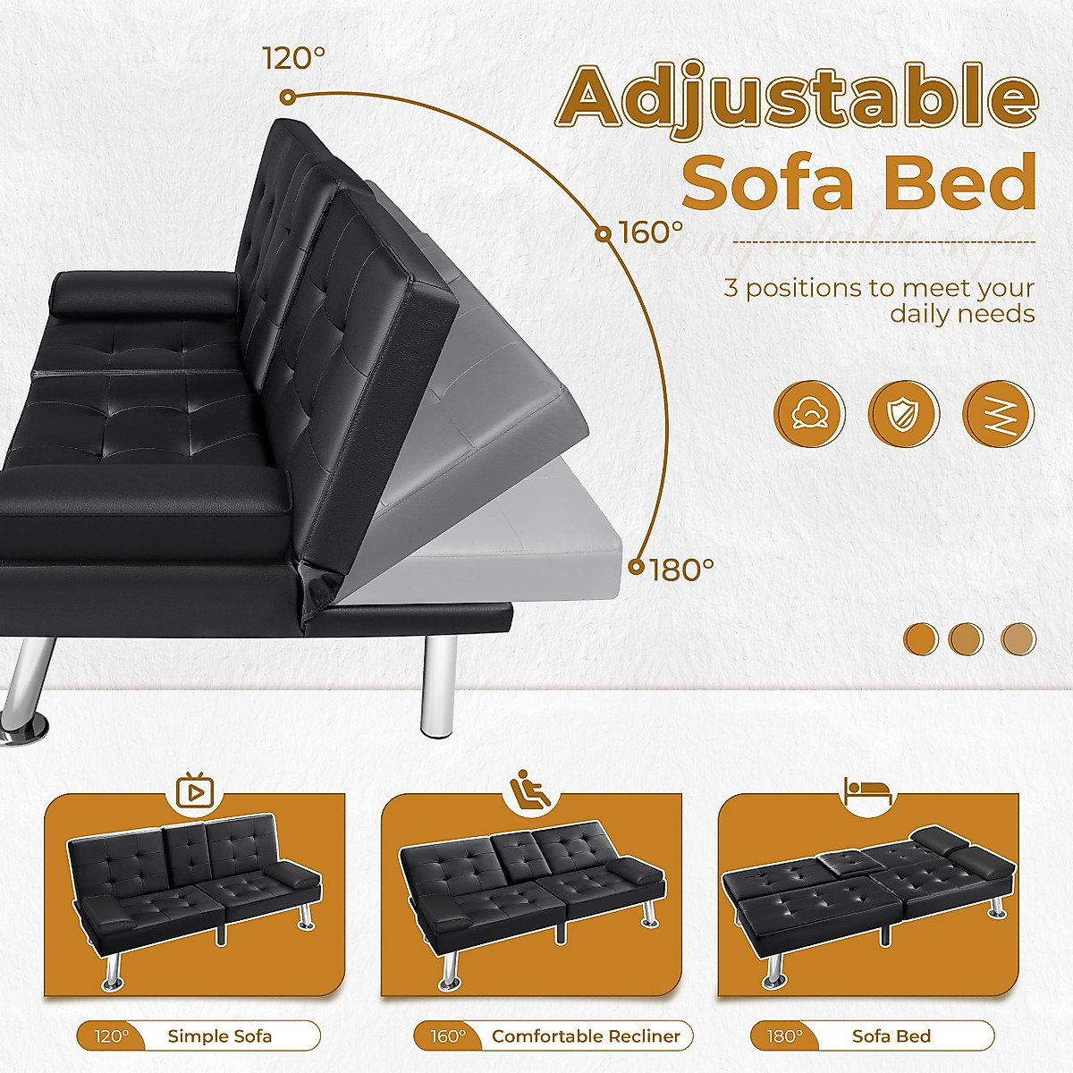 Furniwell Futon Sofa Bed Modern Faux Leather Sofa Couch for Living Room Convertible Folding Adjustable Recliner with 2 Cup Holders and Armrests (Black)