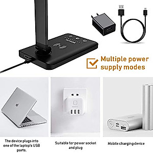 mchatte LED Desk Lamp with Wireless Charger, USB Charging Port, Dimmable Eye-Caring Desk Light with 5 Brightness Levels & 5 Lighting Modes, Touch Control, Auto Timer (Black)