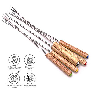 Set of 6 Stainless Steel Fondue Forks Wood Handle Heat Resistant 9.5 Inches - for Chocolate Fountain Cheese Fondue by Sago Brothers