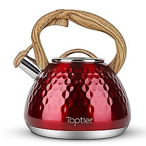 Tea Kettle, Toptier Teapot Whistling Kettle with Wood Pattern Handle Loud Whistle, Food Grade Stainless Steel Tea Pot for Stovetops Induction Diamond Design Water Kettle, 2.7-Quart Red