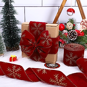 Whaline 2 Rolls Christmas Velvet Wired Ribbon 2.5 Inch Winter Snowflake Velvet Ribbon Burgundy Gold Glitter Xmas Decor Wrapping Ribbon for Gift Wrapping Bow Wreath Crafts Home Decor, 20 Yards