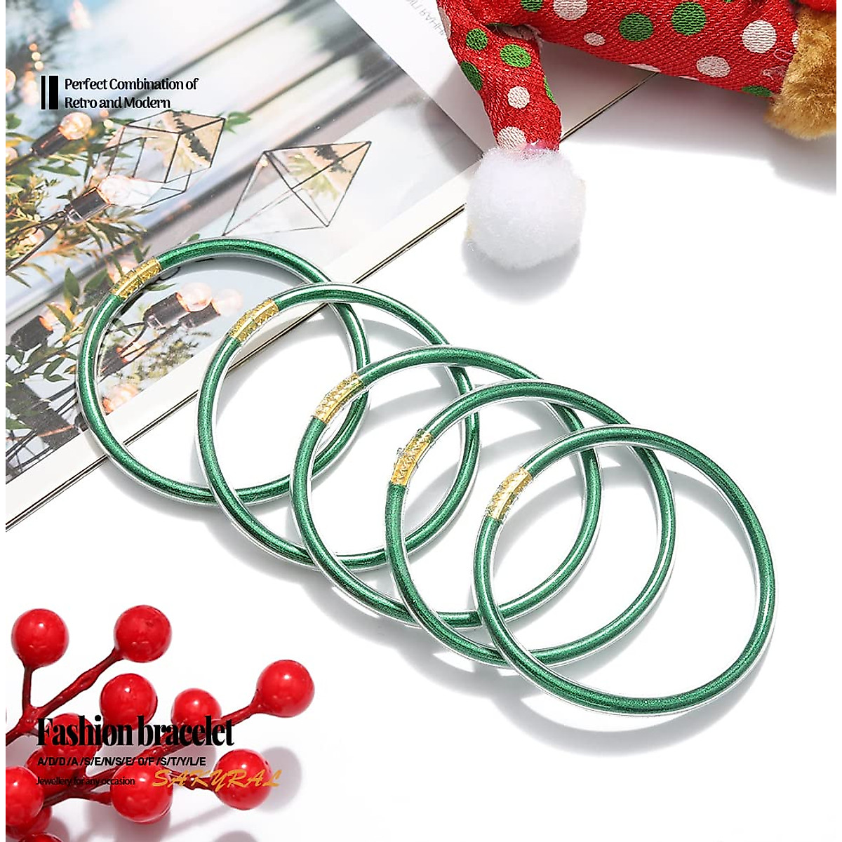 Sakytal St Patricks Day Jelly Bangles Bracelets Set Green Filled Jelly Silicone Bracelet Sparkling Fashion Bangle Bracelet for Women (Green)