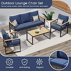 Temminkii Outdoor 4 Pieces Furniture Sets Modern Aluminum Patio Conversation Sets Sectional Sofa w Blue Cushion Faux Wood Grain Frame Coffee Table for Garden Courtyard Poolside