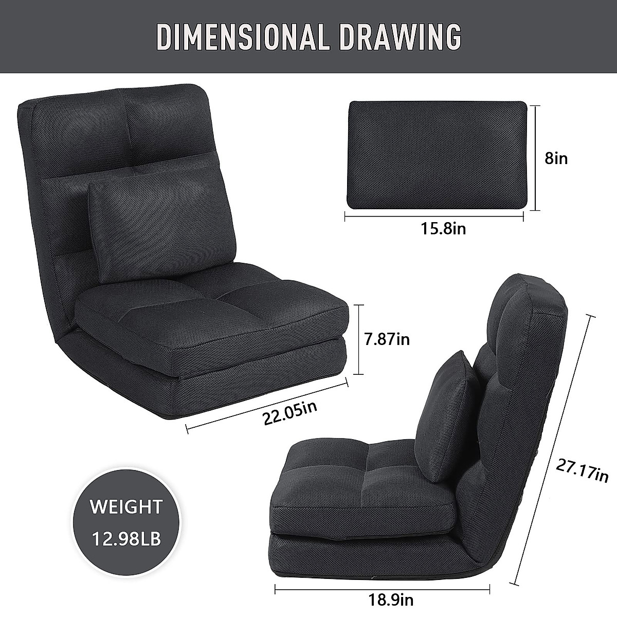 Urnodel Indoor Chaise Lounge Sofa, Floor Chair with Back Support for Adults, 14 Angle Adjustment Recliner Chair, Folding Floor Lounger with Pillow 8823(Grey)