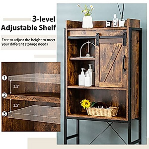 Tangkula Over-The-Toilet Storage Cabinet, Freestanding 4-Tier Bathroom Organizer Rack w/Adjustable Shelf & Sliding Barn Door, Multifunctional Bathroom Space Saver, 25 x 9.5 x 67.5 in (Rustic Brown)