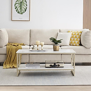 MKJLWO White Coffee Tables for Living Room, Square Marble Gold Coffee Table 2-Tier Storage Modern Center Table White Home Furniture Office Decor 43×21in