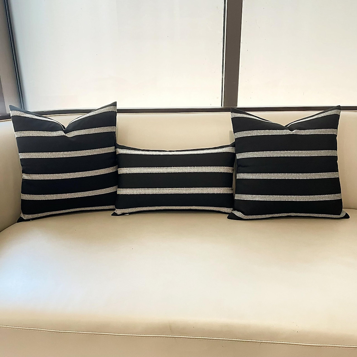 Slow Cow Decorative Stripe Throw Pillow Cover Modern Country Design Cushion Cover Pillow Cover 18 x18 Inches Black Mixed Off White