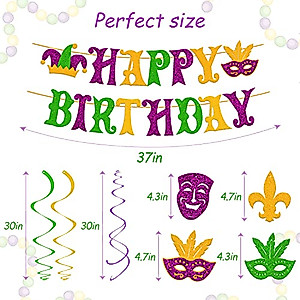 Mardi Gras Birthday Decoration Carnival Happy Birthday Banner Glitter Green Gold Purple Hanging Swirls Decor Fat Tuesday New Orleans Masquerade fleur de lis Theme Festival Party Supplies