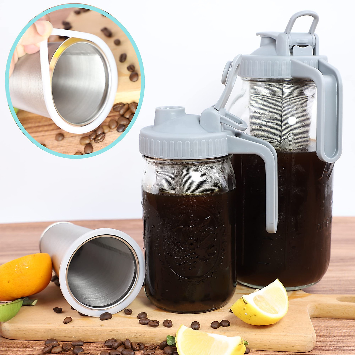 Cold Brew Coffee Maker Mason Jar 2 Quart Iced Coffee Pitcher 64oz With Filter Half Gallon Glass Mason Pitcher Spout Lid With Handle For Fridge Iced Coffee Tea Lemonade Fruit Drinks Container