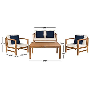 SAFAVIEH Outdoor Collection Montez Natural/ Beige Cushions/ Navy Pillows 4-Piece Conversation Patio Set