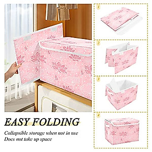 Kigai Pink Lotus Polka Dot Storage Basket with Lid Collapsible Storage Bin Fabric Box Closet Organizer for Home Bedroom Office 1 Pack