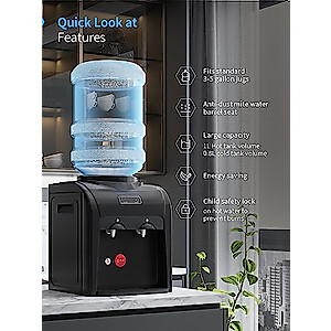TABU Countertop Water Cooler Dispenser, Top Loading Water Cooler, Hot & Cold Water Dispenser, Holds 3 or 5 Gallon Bottle, with Anti-Scalding Design and Child Safety Lock for Home, Office Use (Black)