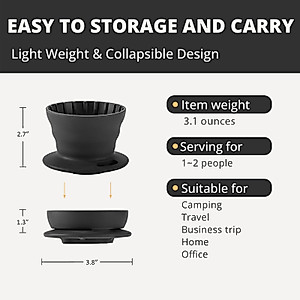 VANDROOP Collapsible Coffee Dripper, Portable Basket Pour Over Coffee Maker, Silicone Reusable Single Cup Maker(1-2 Cup) (Gray)