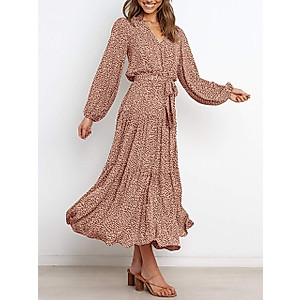 PRETTYGARDEN Women's 2024 Long Sleeve Wrap V Neck Floral Ruffle Tiered Maxi Dress Boho Chiffon Flowy Long Dresses with Belt(Khaki,Medium)