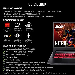 Acer Nitro 5 AN517-54-79L1 Gaming Laptop | Intel Core i7-11800H | NVIDIA GeForce RTX 3050Ti GPU | 17.3" FHD 144Hz IPS Display | 16GB DDR4 | 1TB NVMe SSD | Killer Wi-Fi 6 | Backlit KB | Win 11