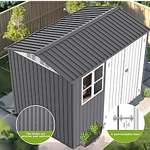 Large Metal Outdoor Storage Shed, 6 x 8 Ft, with Window, Galvanized Steel, Gray, for Backyard Garden Tools