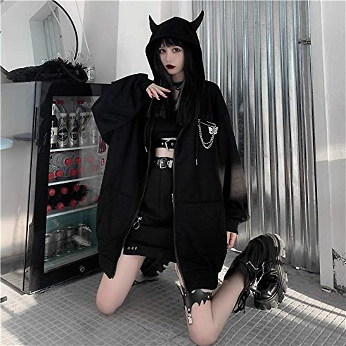 GokeJE Women Oversized Devil Horn hoodie Hooded Y2k Zipper Sweatshirt Casual Loose Long Sleeve Hoodies Pullover Tops Black