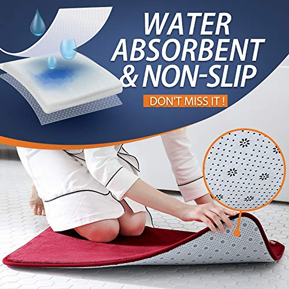 Walensee Extra Thick Memory Foam Bath Rug (17 inch X 24 inch, Red) Non Slip Absorbent Super Cozy Velvet Bathroom Mat, Luxury Soft Plush Small Carpet for Bath Room Shower Floor Tub, Machine Wash Dry