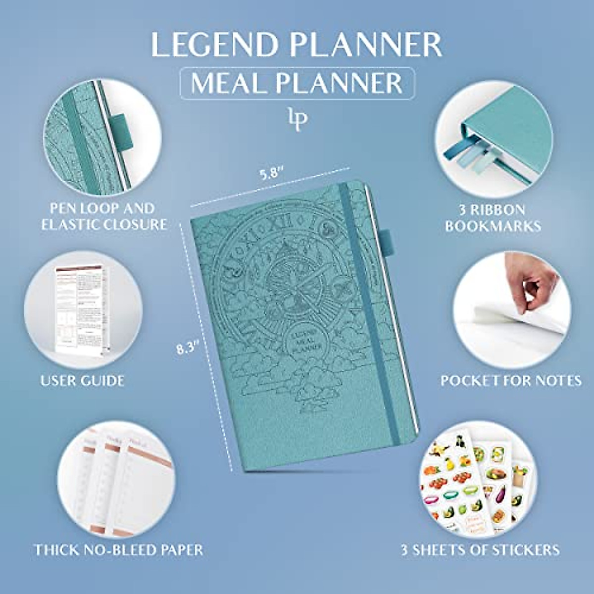 Legend Meal Planner – Weekly Meal Prep & Nutrition Journal with Grocery List & Weight Loss Tracker – Diet & Wellness Diary Log – Undated 12-Month Food Notebook – Hardcover, A5 Size (Aquamarine)