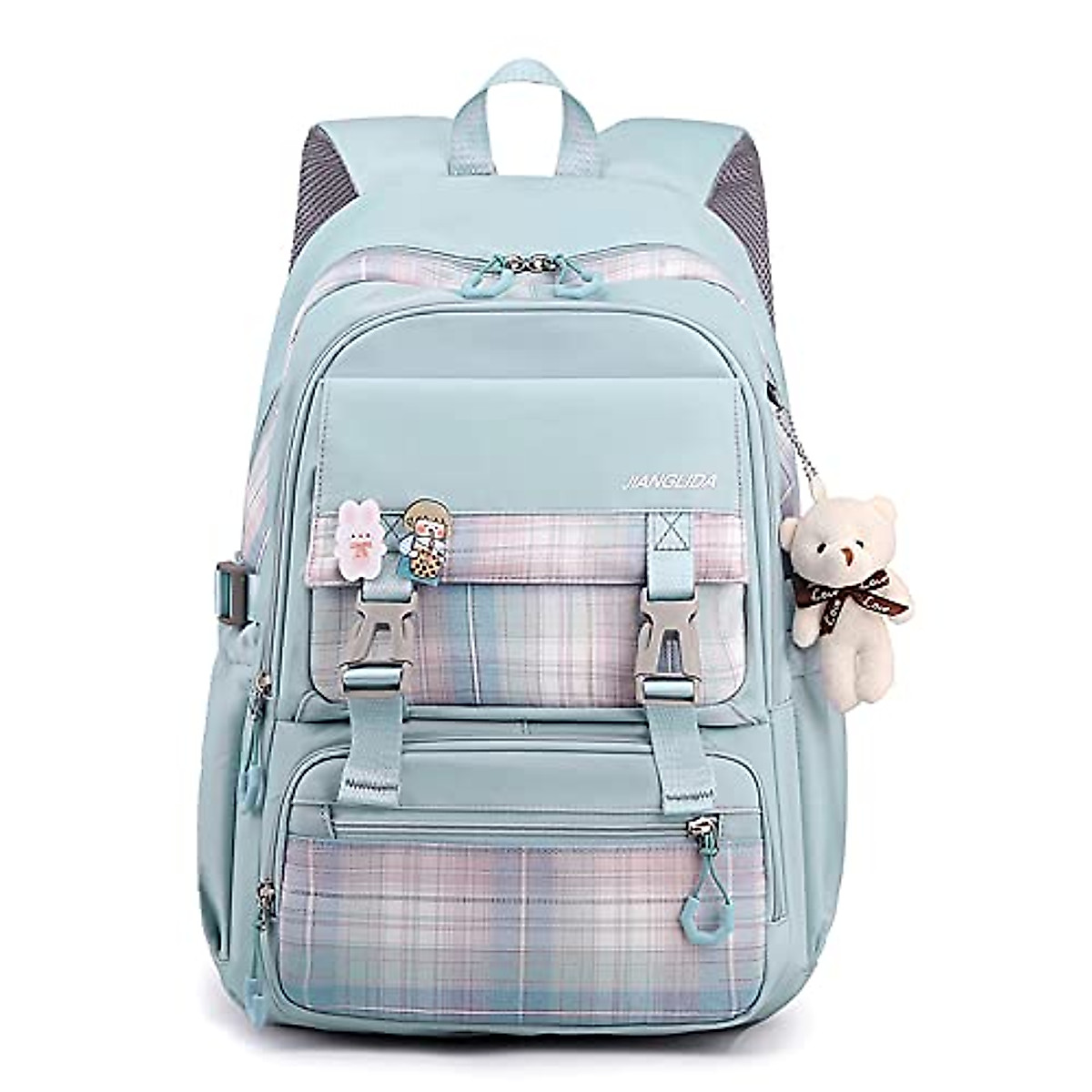 Girls Plaid Aesthetics Backpack Teens Lightweight Casual Bookbag Kawaii Travel Bag with Cute Pins Accessories Schoolbag