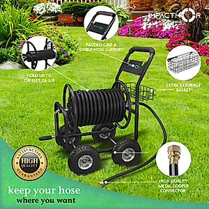 IMPACTHOR Garden Hose Reel Cart - 4 Wheels Heavy Duty Hose Cart, Nozzle & Waterproof Cover Cart Included - Holds up to 250 Feet 5/8 Inch Hose