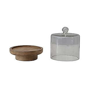 Creative Co-Op Glass Cloche with Footed Mango Wood Base, Set of 2 Pieces, 7''L x 7''W x 8''H