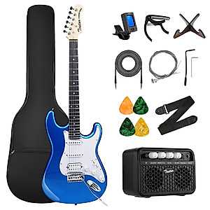 TOSTAR Electric Guitar Kit, 39 Inch Solid Wood Right Hand Guitar Electric for Beginners with Amp, HSS Pick Up, Poplar Body, Hand Polished(Lake Placid Blue)