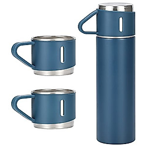 MUCR 500ml/17 OZ Stainless Steel Coffee Thermo Vacuum Flask Set, Insulated Water Bottle with Three Cup for Hot and Cold Drinks, Blue