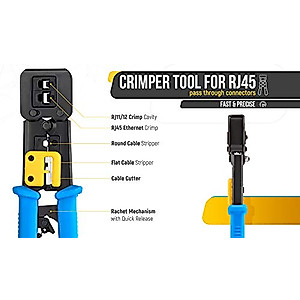 EMS RJ45 Crimp Tool Kit, With 50 Cat6 Pass Through Connectors and 50 Clear Cable Strain Relief Boots + Extra blades - EZ Cut, Strip, Crimp Ethernet Cables
