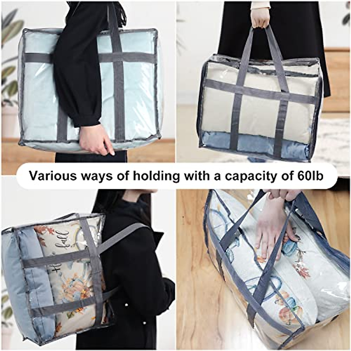 Fixwal 4 Pack Clear Clothes Storage Bags Vinyl Organizers with Sturdy Zippers Reinforced Handle Plastic Moving Totes for Comforters, Blankets, Linen, Bedding, Duvet, Transparent Space Saver Containers