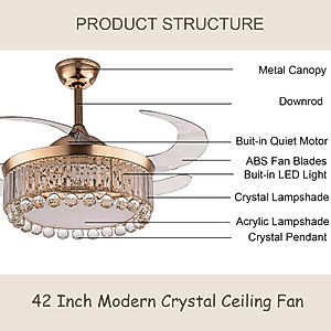 TFCFL 42" Gold Crystal Ceiling Fan Lights with Remote Control,Ceiling Fan Chandelier LED Three-Color Lights 3 Speeds Fan Retractable Blade for Living Room, Kitchen, Restaurant (Gold)