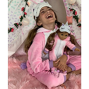 MY GENIUS DOLLS Unicorn Matching Onesie Pajamas and Sleepmasks - Fits Girl and 18 inch Doll Like American (Doll Not Included)