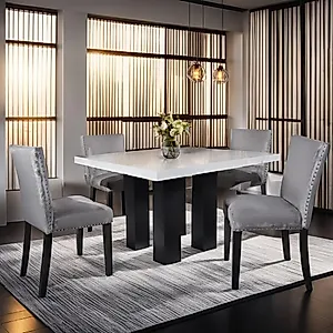 GTU Furniture 5Pc Dinning Square Table with Faux Marble Top and 4 Upholstered Grey Chairs Dining Room Set