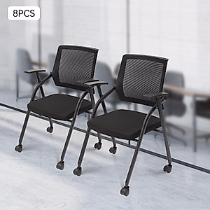 LOHISHILO 8pcs Mesh Guest Reception Stack Chair with Caster Arms for Office Conference, Reception, Training Room Chair, Schools, Meeting Rooms, Step Classrooms, Churches, Homes