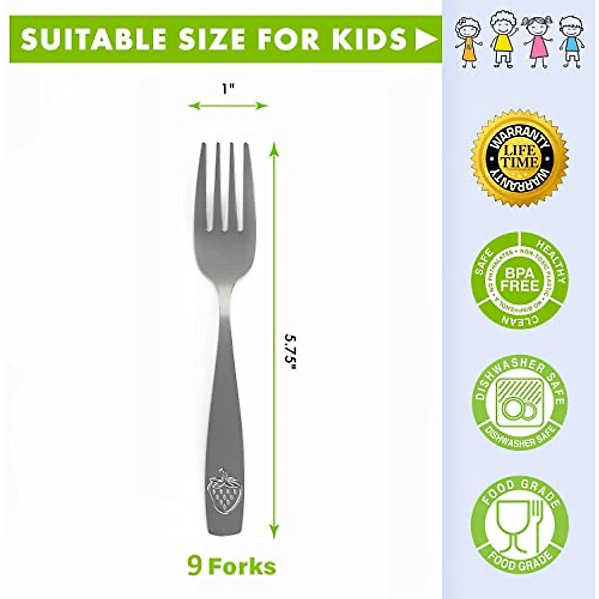 9 Piece Stainless Steel Kids Forks - Child and Toddler Safe Flatware - Kids Utensil Set - Metal Kids Cutlery Set - Includes a Total of 9 Small Kids Forks