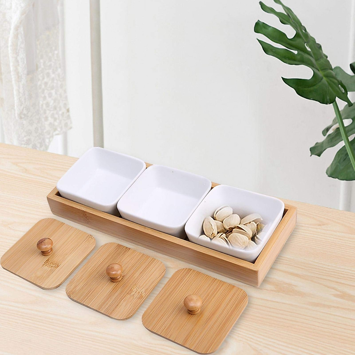 Ceramic Snack Serving Tray Compartment Serving Platter with Bamboo Lid and Pallets Removable Container Food Storage for Appetizer Condiments Nuts(3 Grid)