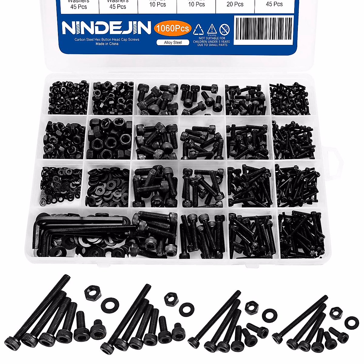 NINDEJIN M2 M3 M4 M5 Hex Socket Head Cap Screw Bolts Nuts and Washer Assortment Kit, 1060 PCS Black Machine Screws Set, 12.9 Carbon Steel Metric Small Parts with 4 Pieces Allen Wrenches