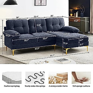 YuuYee 82" Modern Sofa, L Shaped Sofa Couch Convertible, Chenille Small Sectional Sofa, Sofa with Chaise Mid-Modern Century Couch with Removable and Washable Cushions (Navy)
