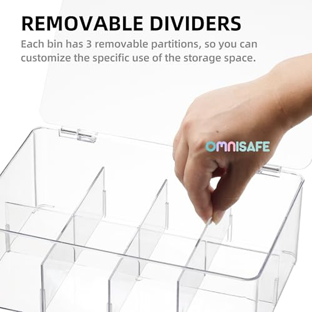 OMNISAFE Divided Clear Plastic Organizer Bin with Hinge Lid, 8 Sections Tea Bag Storage Box for Kitchen, Snacks, Spice Packets,Pouches, Stackable Storage Bin