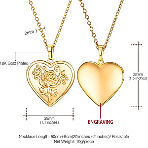 U7 Women Girls 18K Gold Plated Customized Photo and Message Engrave Romantic Flower Heart Photo Locket Necklace,Anniversary Valentines Day Gift with Box