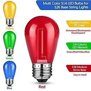 Mlambert Color LED String Light Bulbs,Shatterproof Outdoor String S14 Replacement Bulb for Christmas Halloween,24 Pack,Not Solar,Red/Blue/Yellow/Green