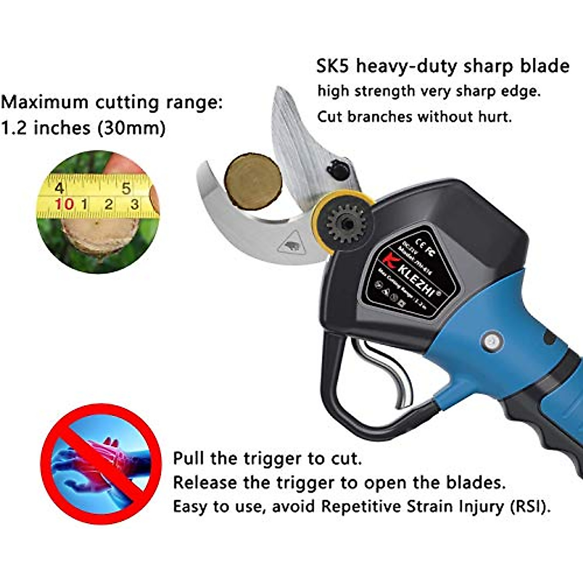 KLEZHI Professional Electric Pruning Shears with 2 PCS Backup Rechargeable Battery Powered Tree Branch Pruner 1.2" 30MM 8 Working Hours Black