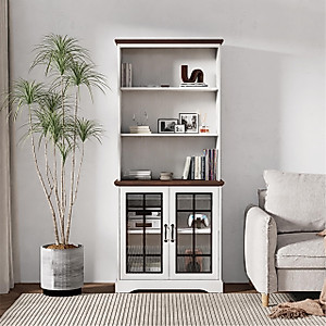 Bevfint 72" Tall Bookcase, White and Brown Design Large Floor Standing Bookshelf, 5 Tier Shelves with Door Storage Cabinet for Living Room Hallway Kitchen Home Office Bedroom, with Glass Door - 5 Tier